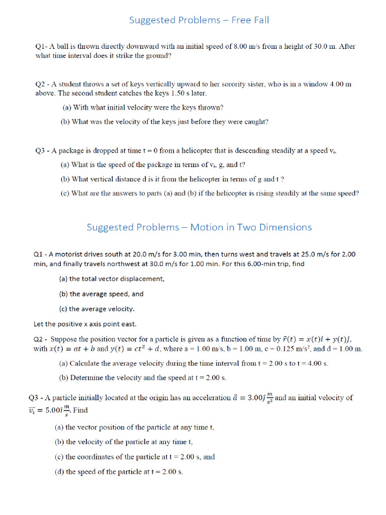 SuggestedProblems Week3 FreeFallAndMotionInTwoDimensions | PDF