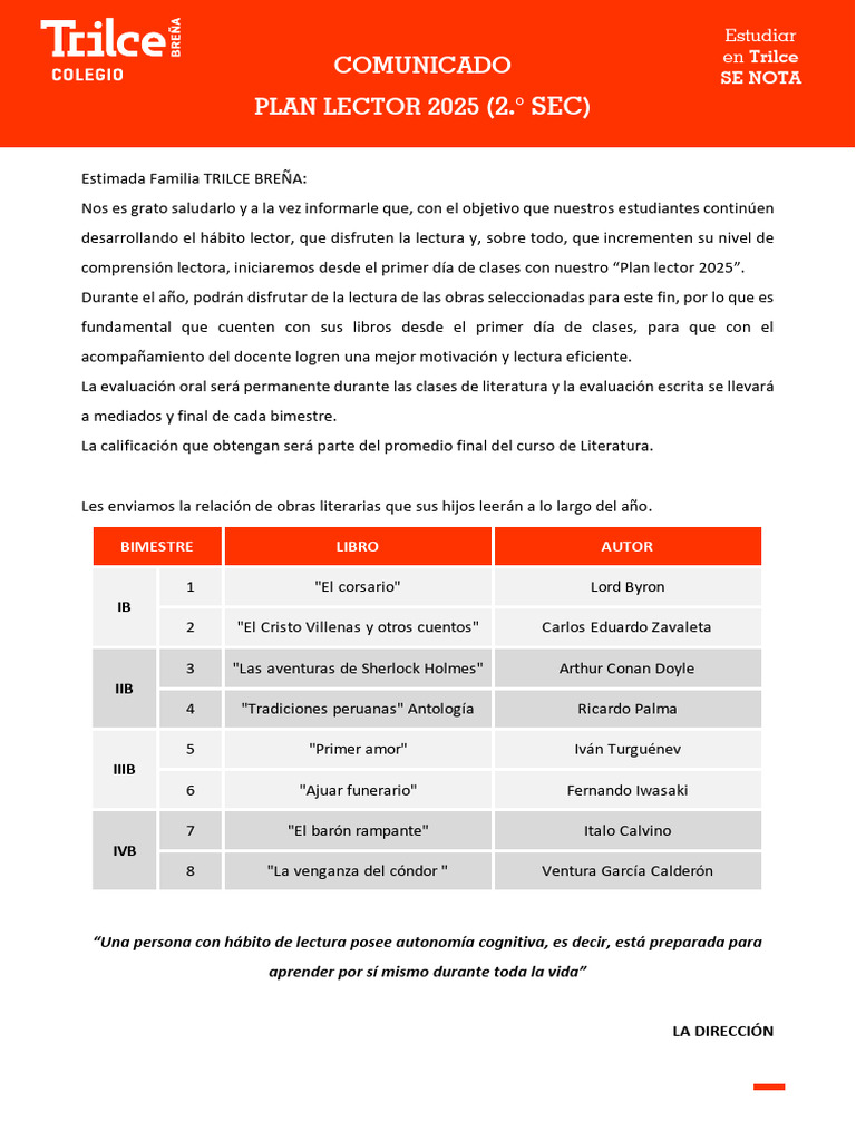 Plan Lector 2025 para 2° Secundaria | PDF