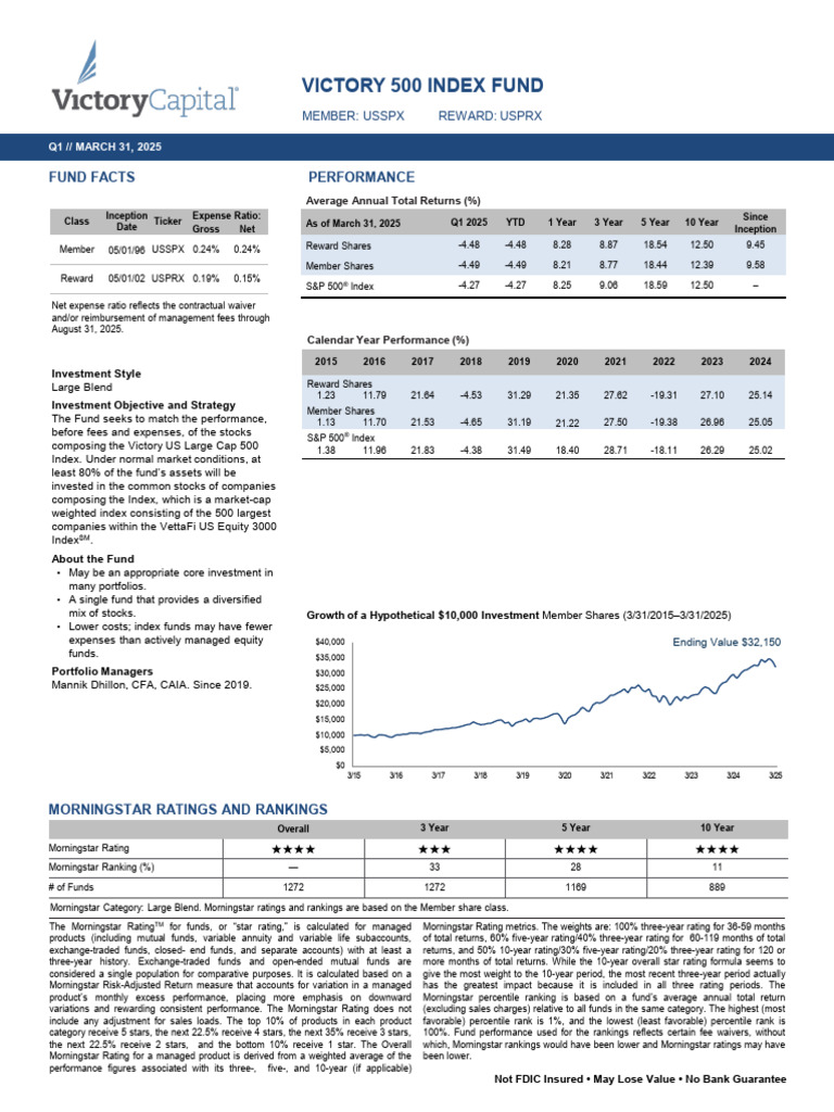 Victory 500 Index Fund Performance Q1 2025 | PDF | Investing | Stock ...