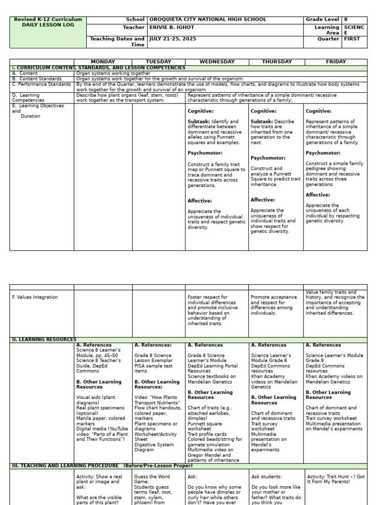 Science 8 Revised K-12 DLL w3 (July 21-25, 20250 | PDF | Genotype | Dominance (Genetics)
