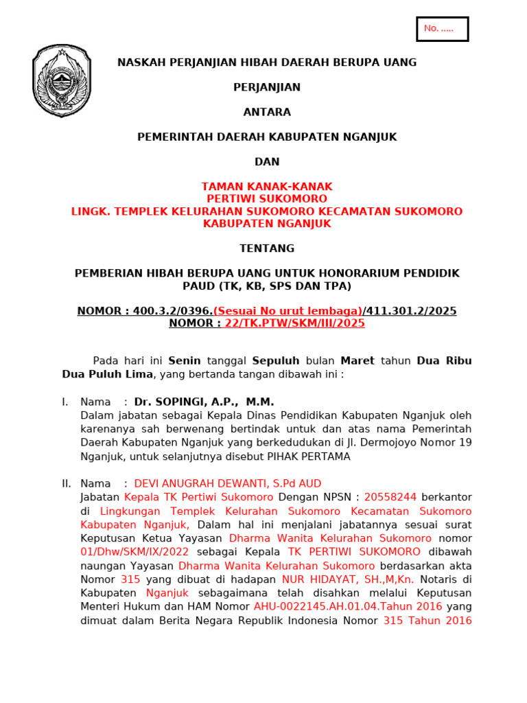 New - NPHD Honorarium Paud 2025 | PDF