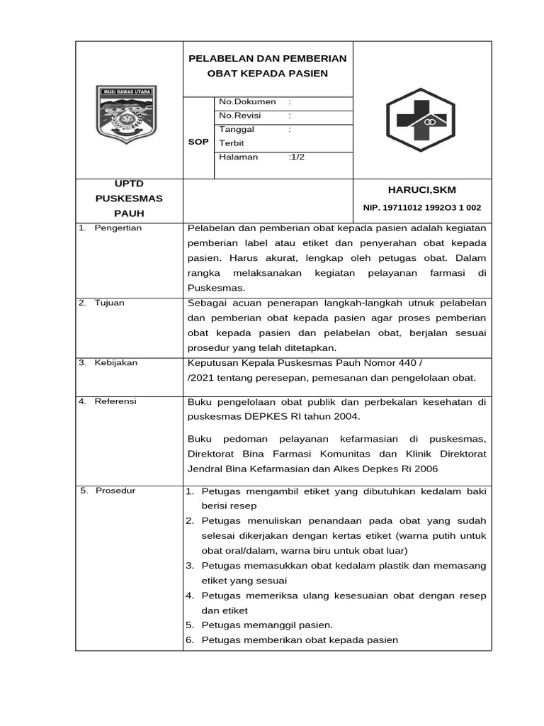 Sop Pelabelan Dan Pemberian Obat Kepada Pasien | PDF