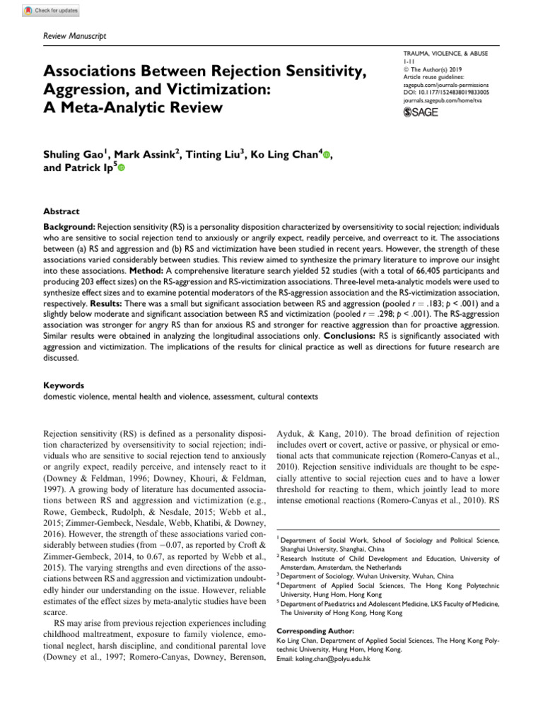 Rejection Sensitivity and Aggression Links | PDF | Meta Analysis ...