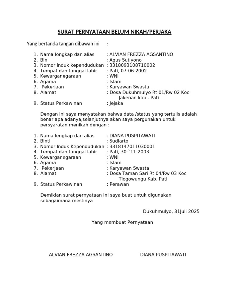 Surat Pernyataan Jejaka | PDF