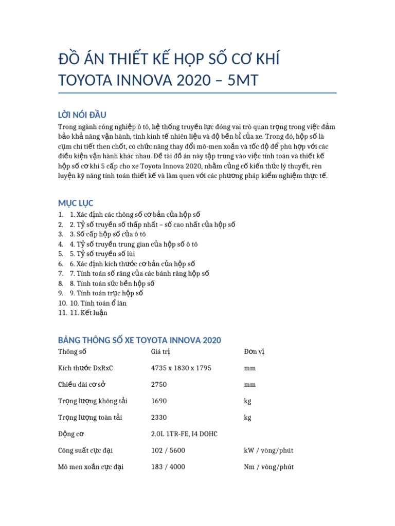 Do An Hop So Toyota Innova 2020 | PDF