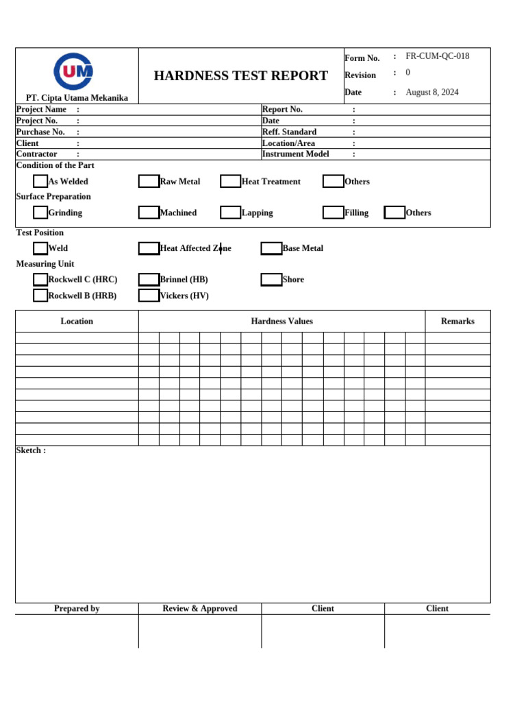 FR-CUM-QC-018 Rev. 0 Hardness Test Report | PDF