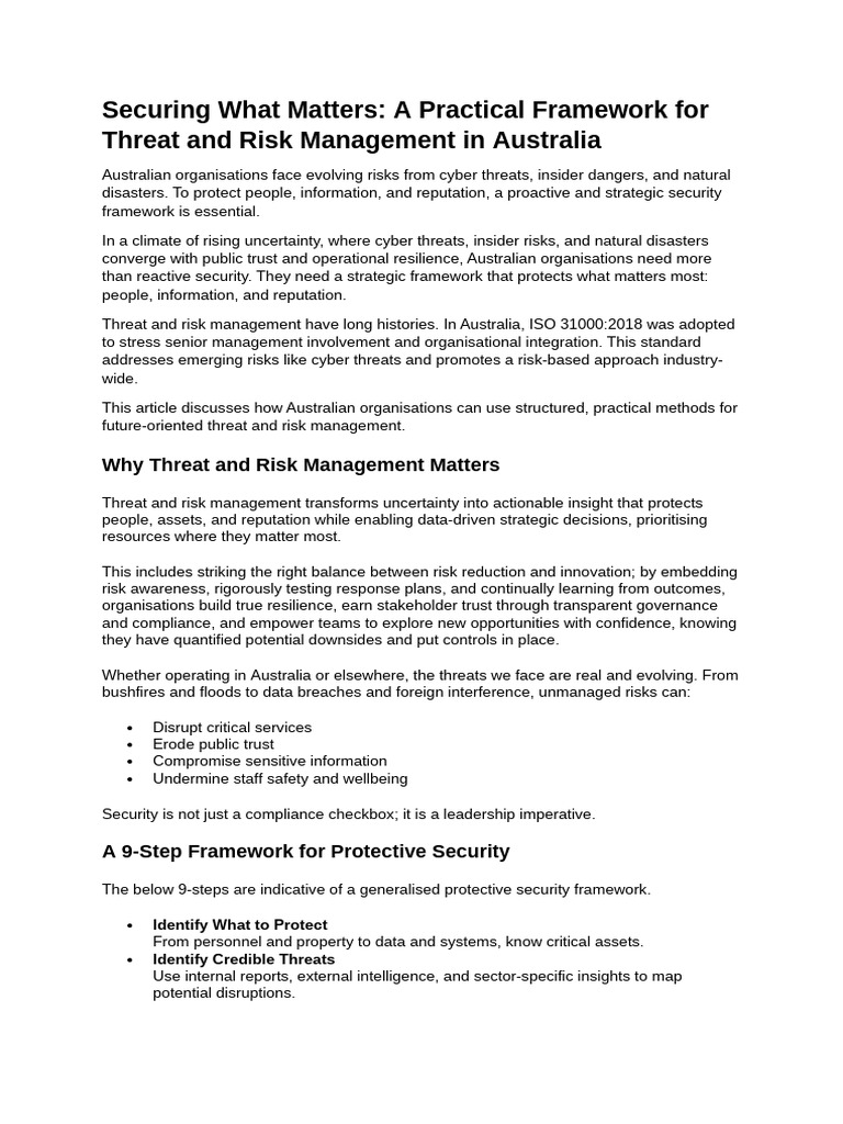 Securing What Matters A Practical Framework For Threat and Risk Management in Australia | PDF ...