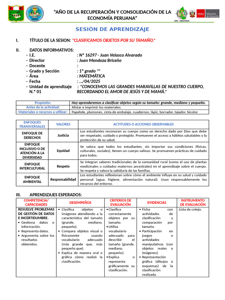 Clasificamos Objetos Por Su Tamaño | PDF | Evaluación | Aprendizaje