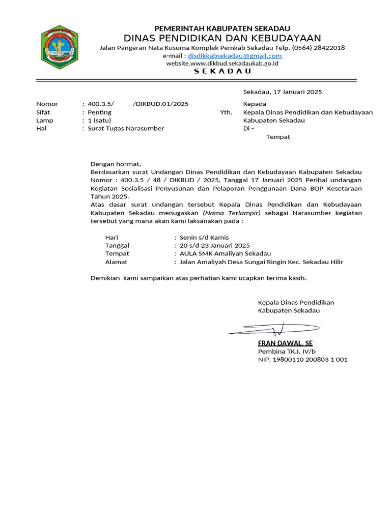 SURAT TUGAS KEGIATAN PENYUSUNAN ARKAS BOP PAUD 2025 | PDF