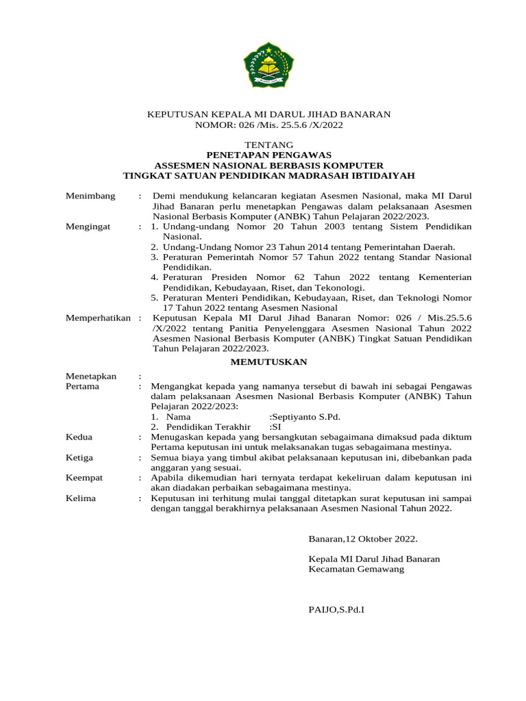 SK Pengawas ANBK Tahun 2021 Tingkat Satuan Pendidikan | PDF