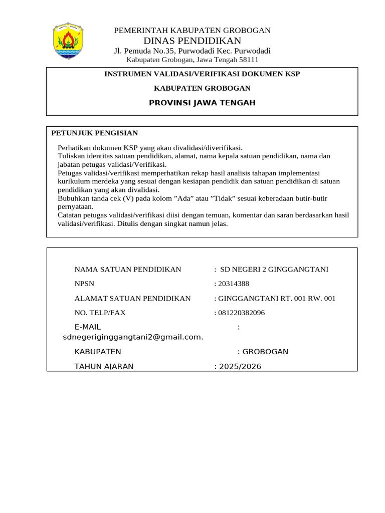 Instrumen Validasi KSP 2025 Grobogan | PDF
