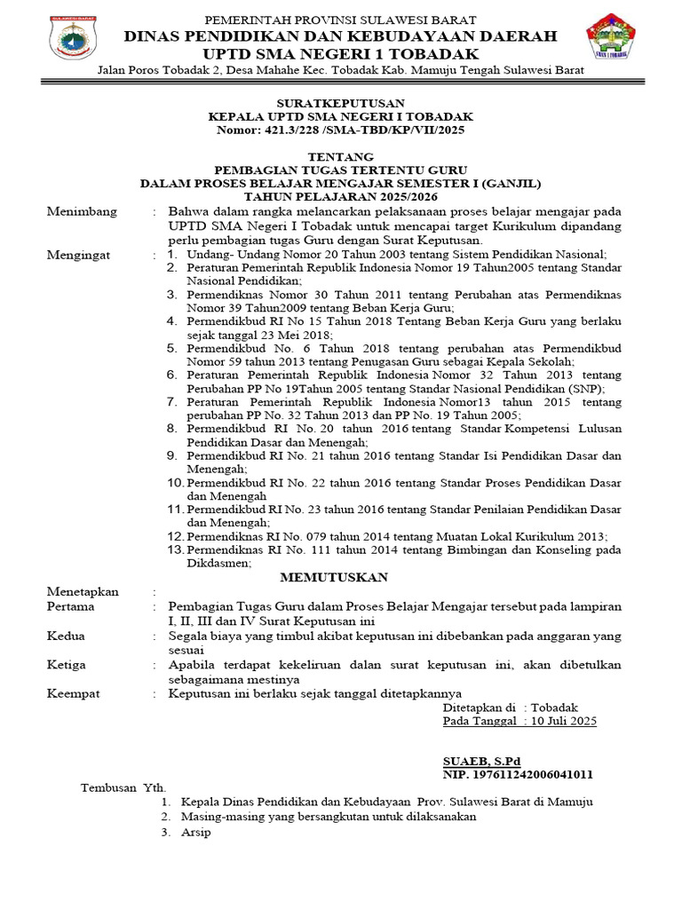 SK Pembagian Tugas Ganjil 2025-2026 | PDF