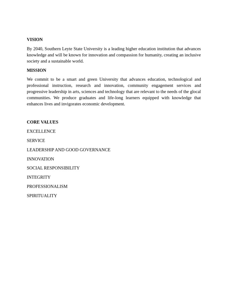 SLSU Mission, Vision, and Hymn Lyrics | PDF