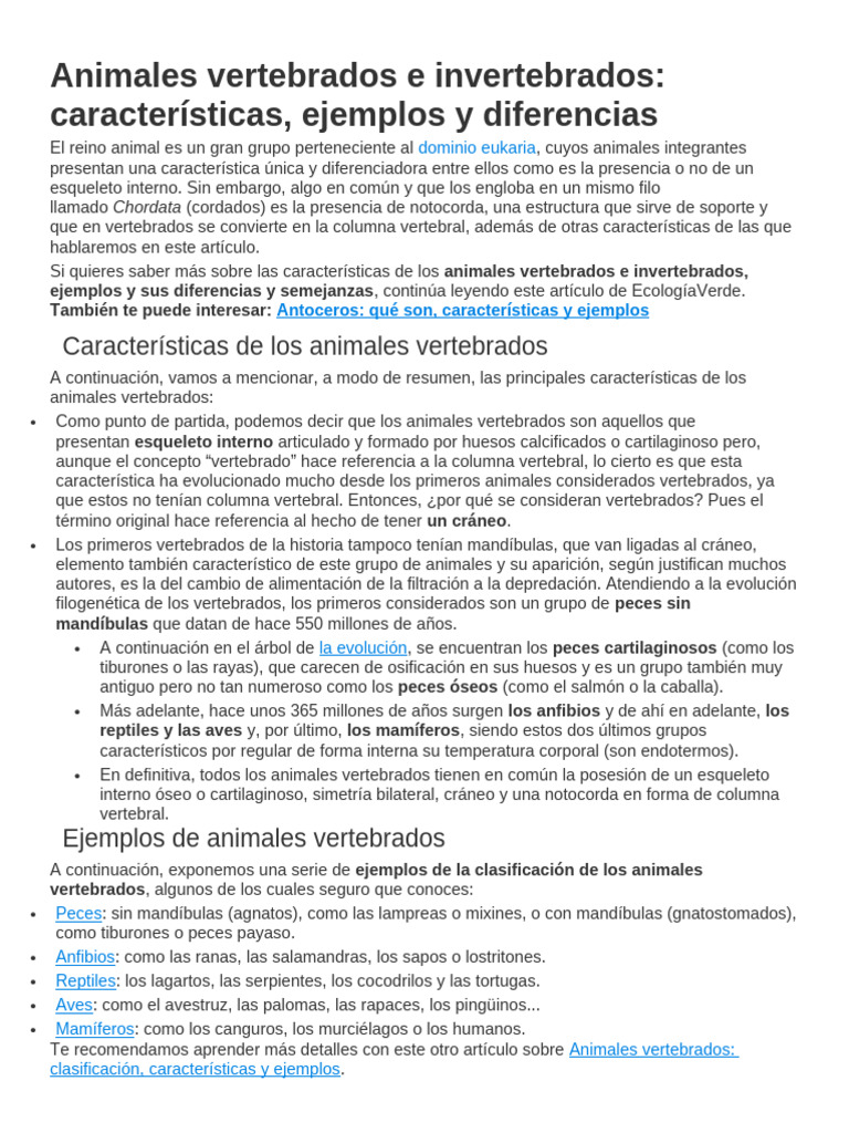 Vertebrados e Invertebrados: Características y Ejemplos | PDF ...