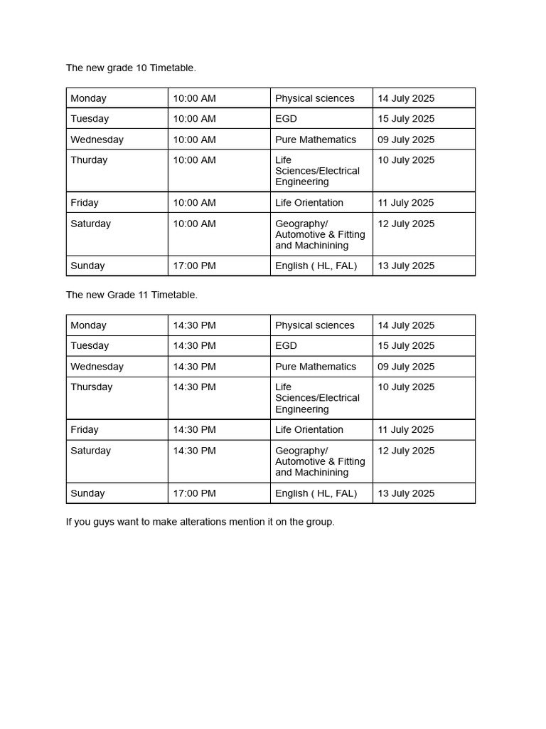 The New Grade 10 & 11 Timetable. | PDF