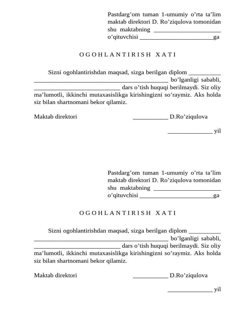 Ogohlantirish Xati | PDF