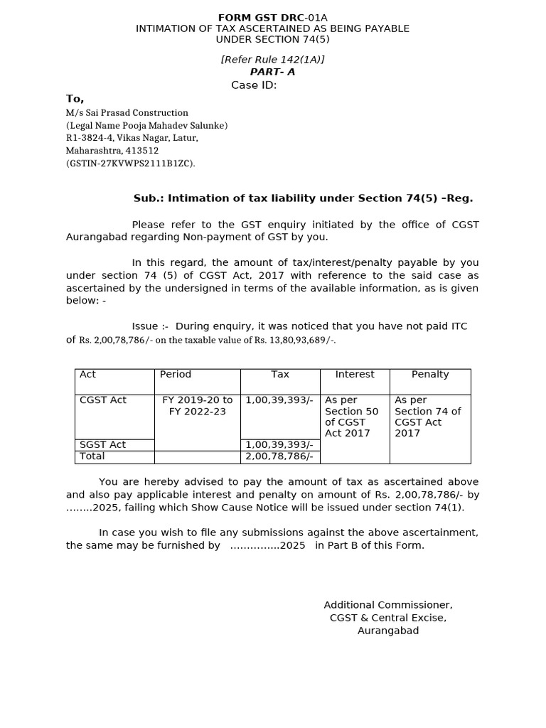GST DRC-01A Tax Liability Notice | PDF