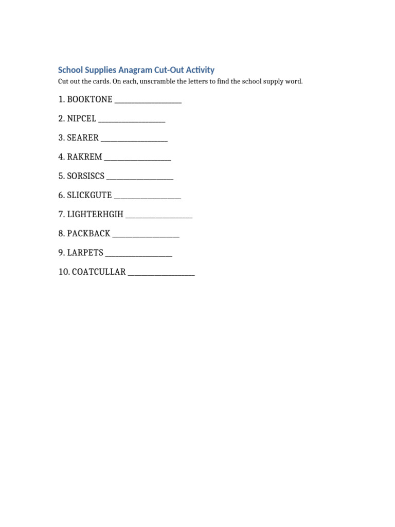 School Supplies Anagram Activity | PDF