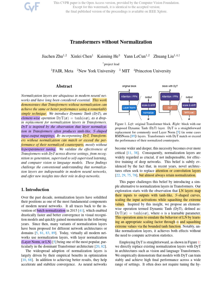 Zhu Transformers Without Normalization CVPR 2025 Paper | PDF | Applied Mathematics ...