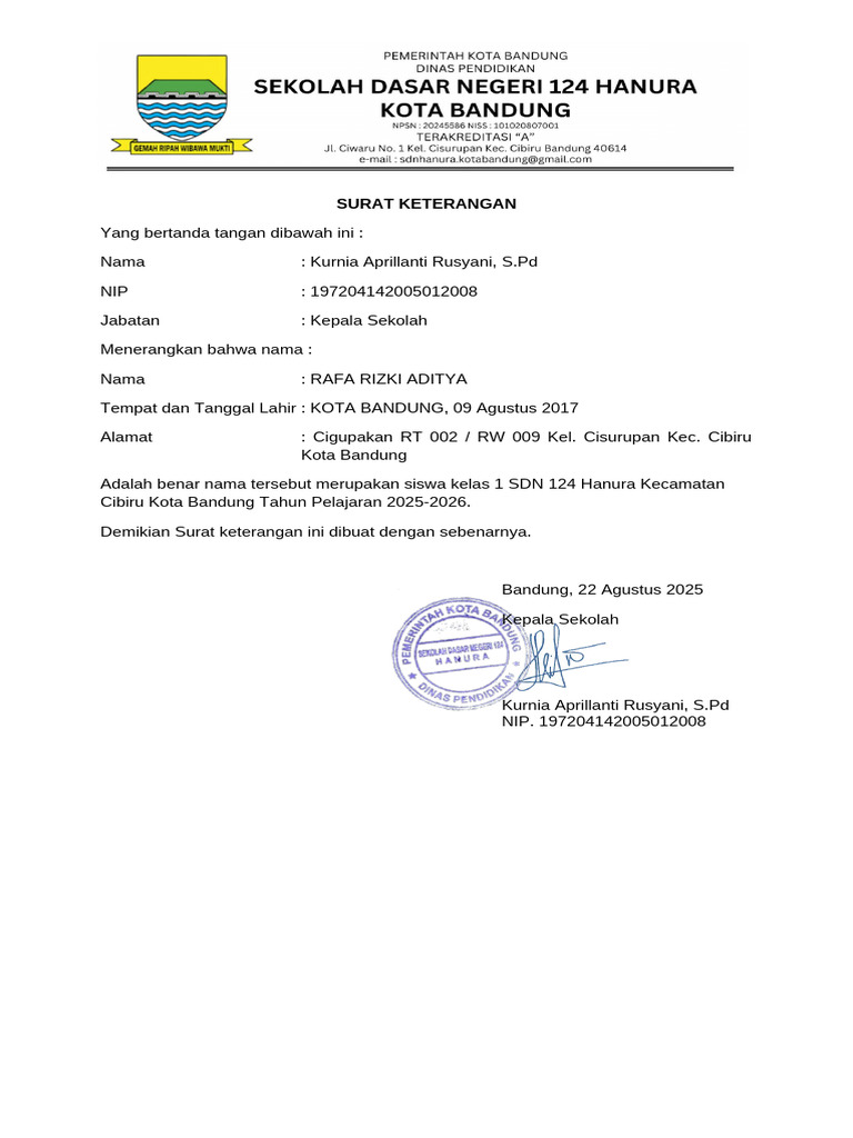 Surat Keterangan Siswa SDN 124 Hanura | PDF