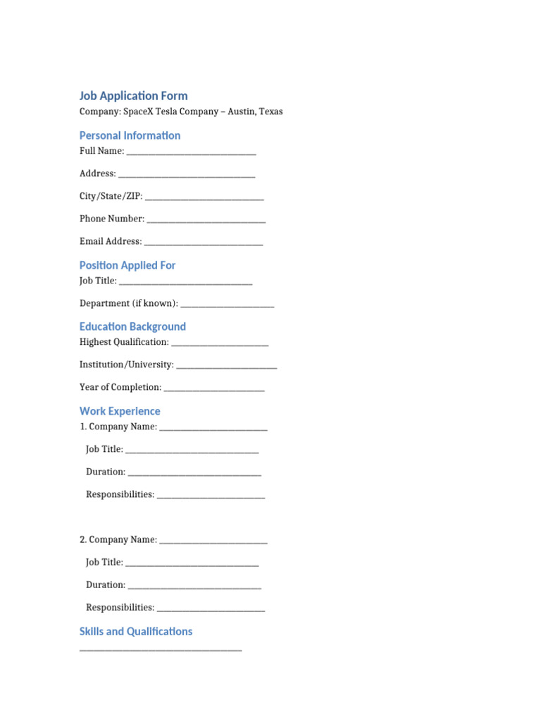 SpaceX & Tesla Job Application Form | PDF