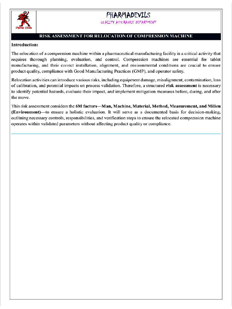 Risk Assessment For Relocation of Compression Machine | PDF