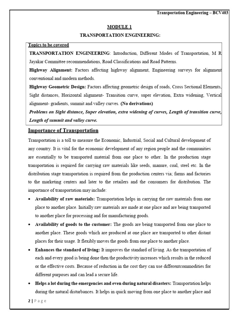 Transportation Engineering BCV 403 Module 1 Notes | PDF | Transport | Road
