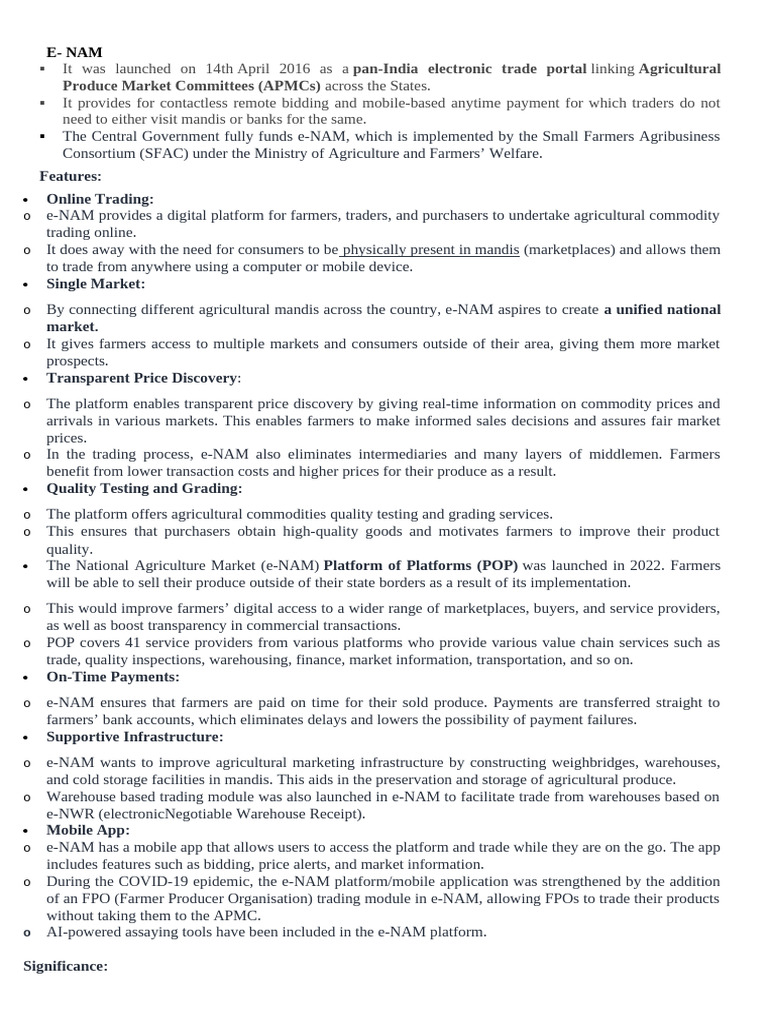 Overview of e-NAM and PMFBY Initiatives | PDF | Ethanol | Gasoline