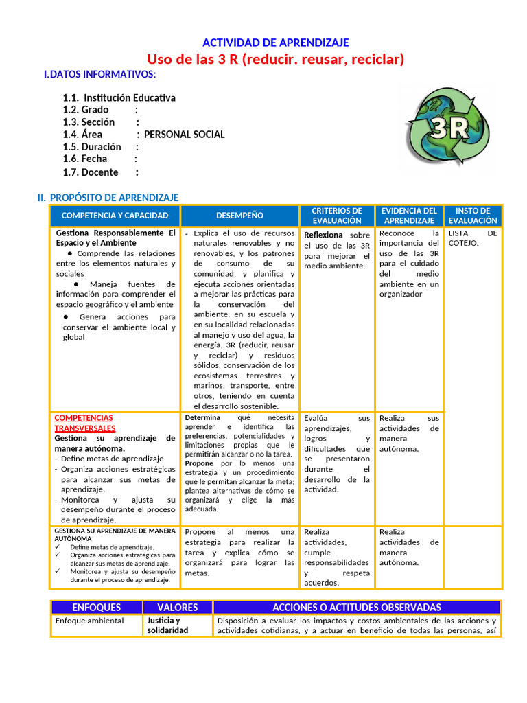 D1 A2 SESION PS. Uso de Las 3 R (Reducir .Reusar, Reciclar) | PDF ...
