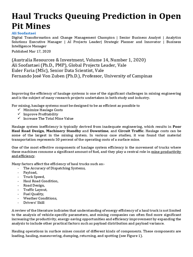 Haul Trucks Queuing Prediction in Open Pit Mines | PDF | Analytics | Mining