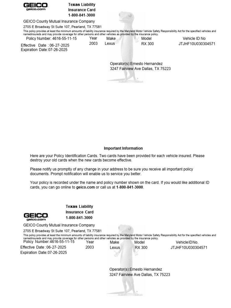 Insurance Geico Texas x1 Lexus 300 | PDF | Civil Law (Legal System ...