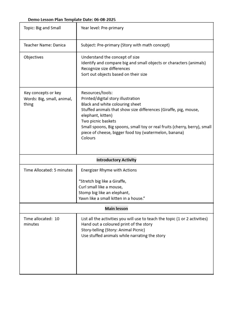 Pre-primary Demo Lesson Plan: Size Concepts | PDF