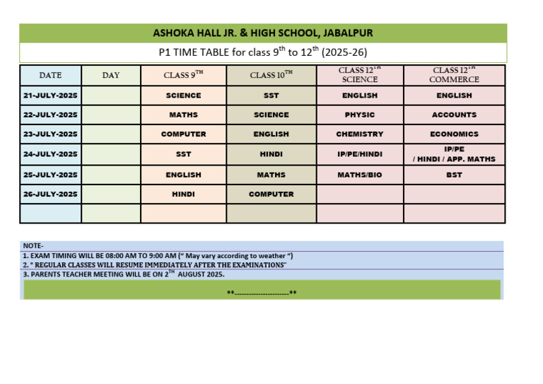P1 912 Time Table 202526 | PDF