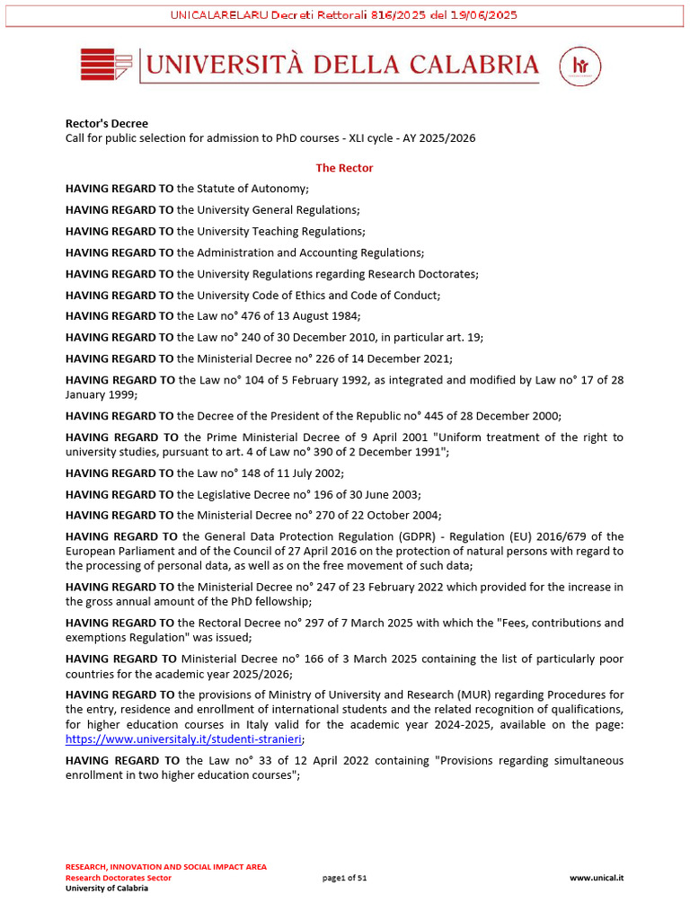 All DR 816 Bando Dottorato Di Ricerca Unical e Riservati Xli Ciclo en ...