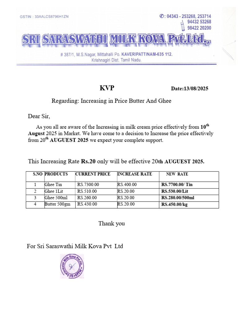 Ghee & Butter Rate Increase-1 | PDF
