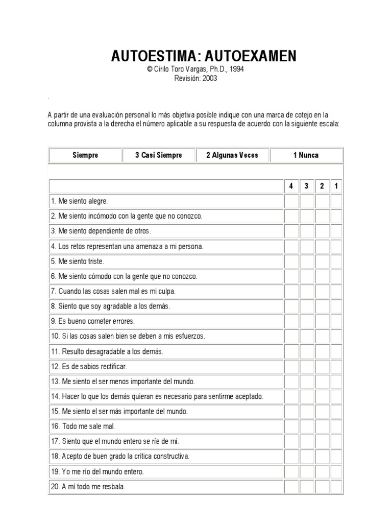 Test Autoestima Profesional | Autoestima | Sicología y ciencia cognitiva