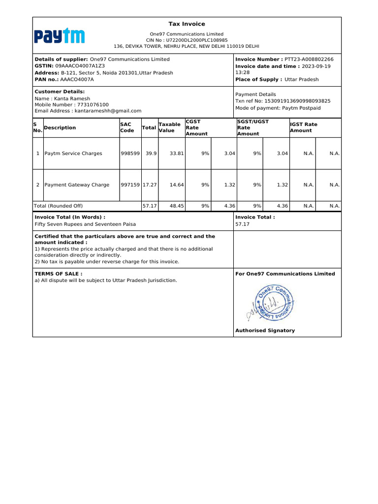 One97 Communications Tax Invoice Details | PDF | Invoice | Taxation