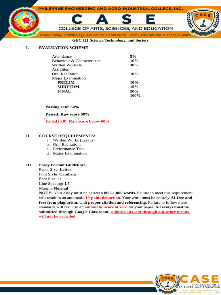 GEC 111 Course Evaluation and Guidelines | PDF