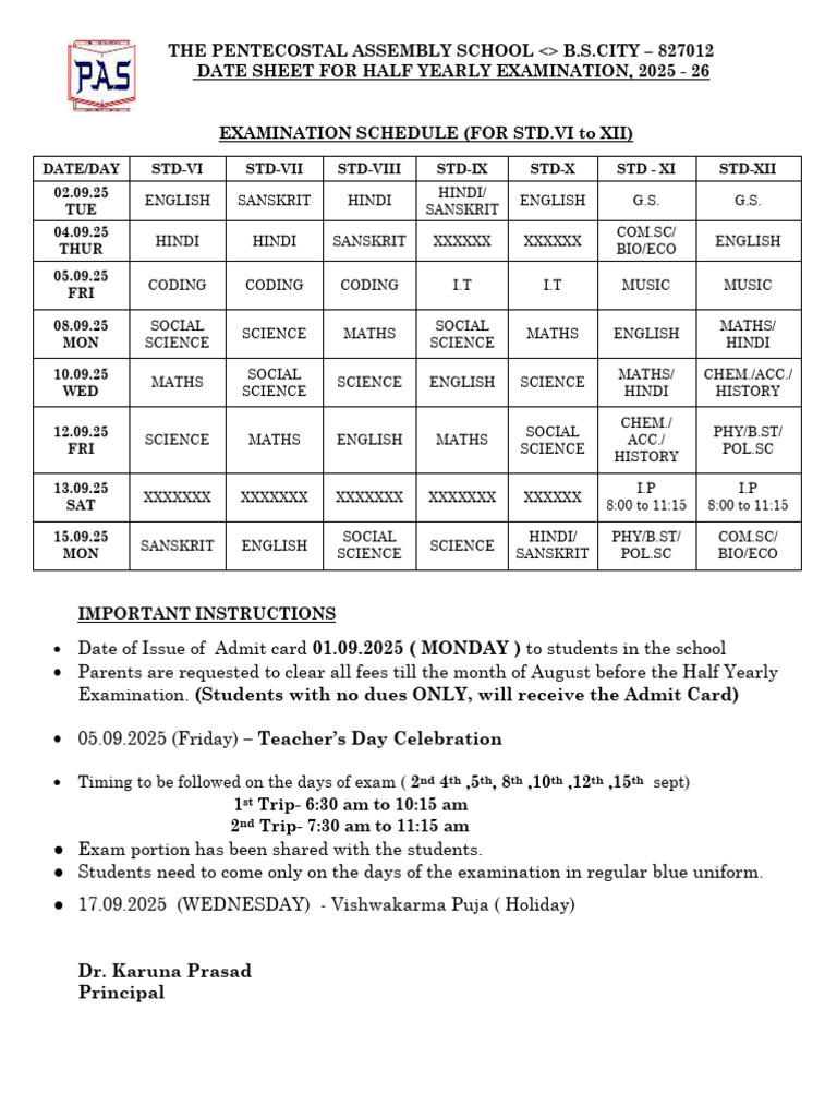 Half Yearly Exam Schedule 2025-26 | PDF