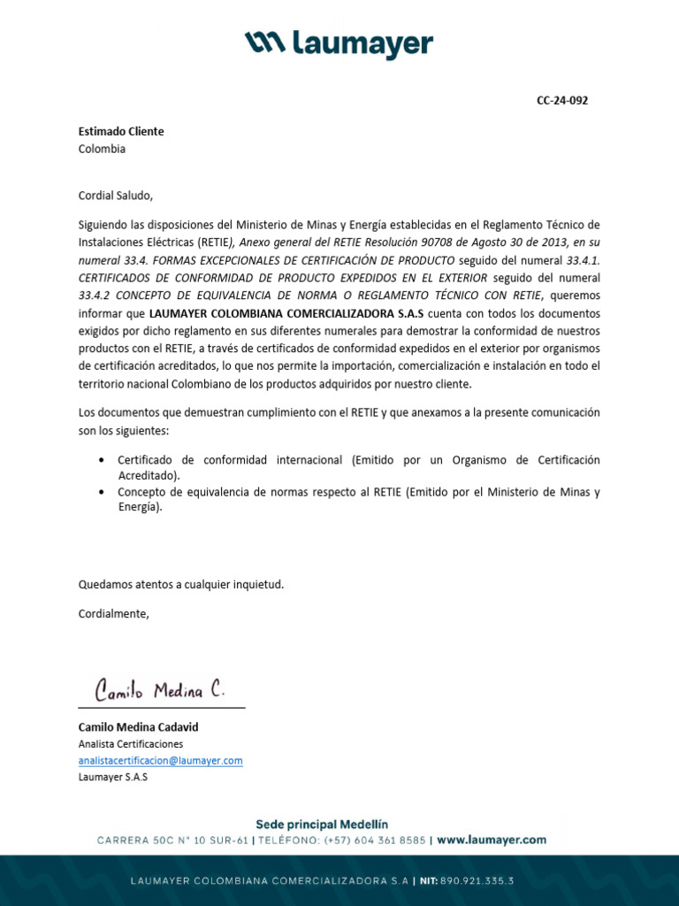 LEVITON Certificado ANC2501C00000110 LAUMAYER Interruptores CIEN | PDF