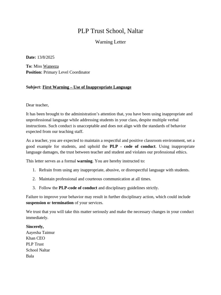Warning Letter for Inappropriate Language | PDF
