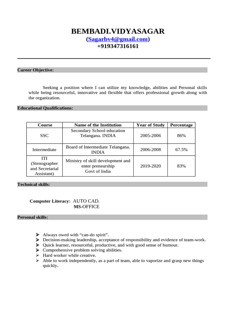 Resume Vidya Sagar Be M Bad I | PDF | Learning | Cognition