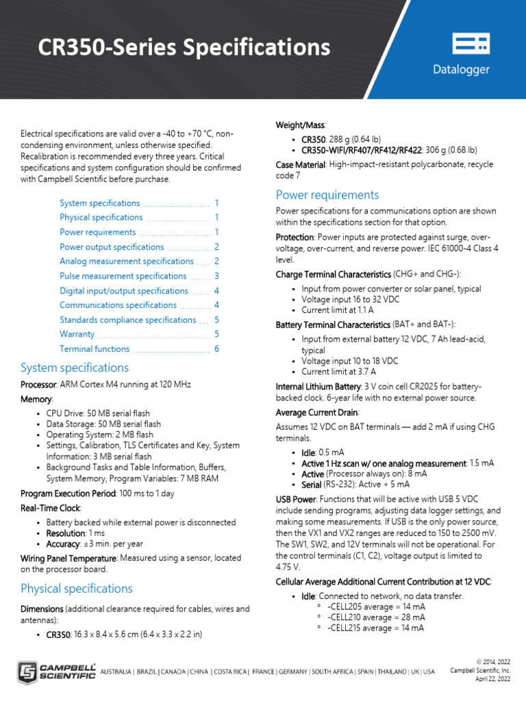 CR350 Specifications Overview | PDF | 4 G | Resistor