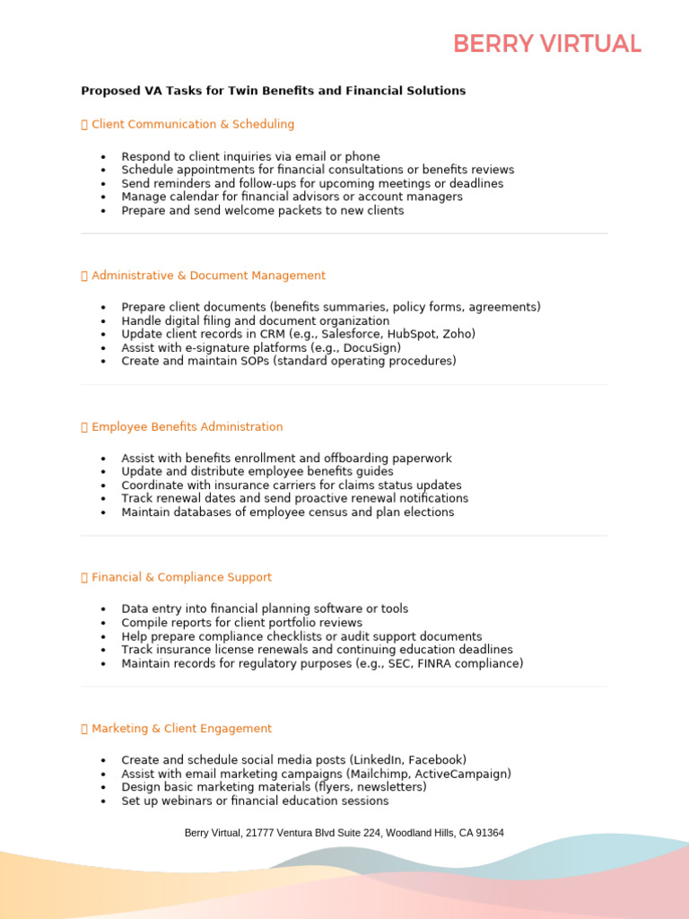 Recommended VA Tasks For Twin Benfits & Financial Solutions | PDF ...