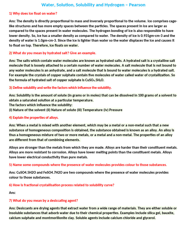Water, Solution, Solubility and Hydrogen | PDF | Solubility | Water