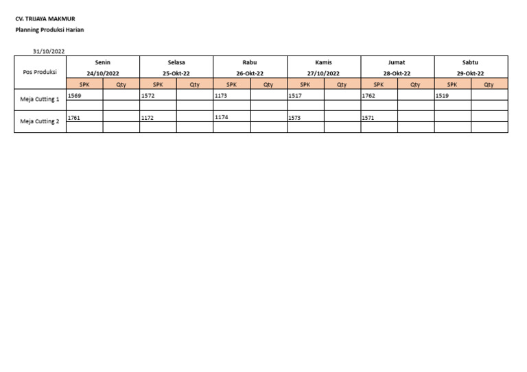 Planning Produksi Harian (CUTTING) .XLSX - 17-22-10 | PDF