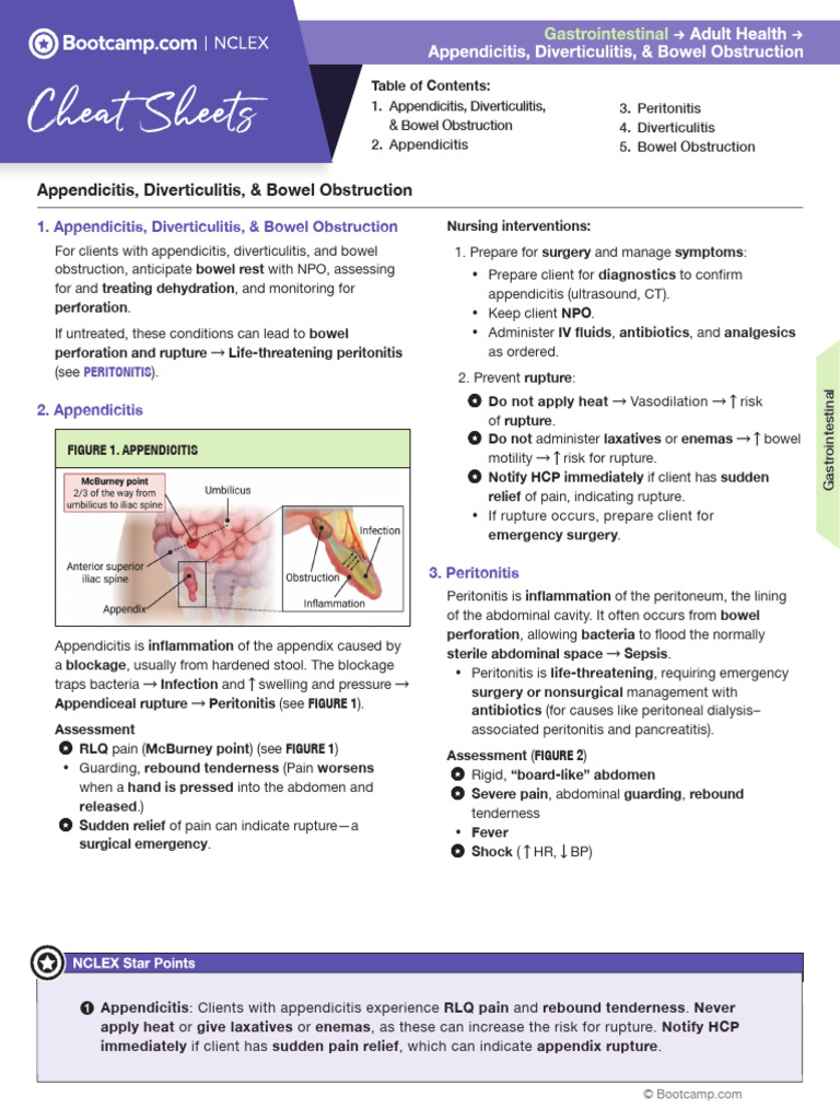 Appendicitis, Diverticulitis, & Bowel Obstruction Cheat Sheet | PDF ...