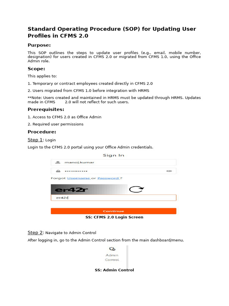 SOP for CFMS 2.0 User Profile Update | PDF