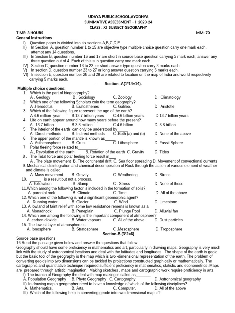 Geography Assessment for Class XI | PDF | Geography | Earth