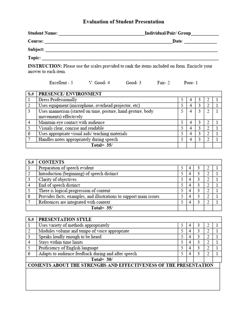 Student Presentation Evaluation Form | PDF | Speech | Learning